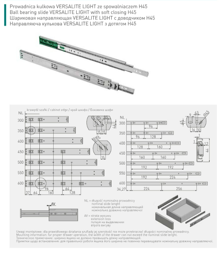 PK-L-H45-300-GX Glisiere cu bila Versalite Light, H-45, L-300mm, 25 kg ...