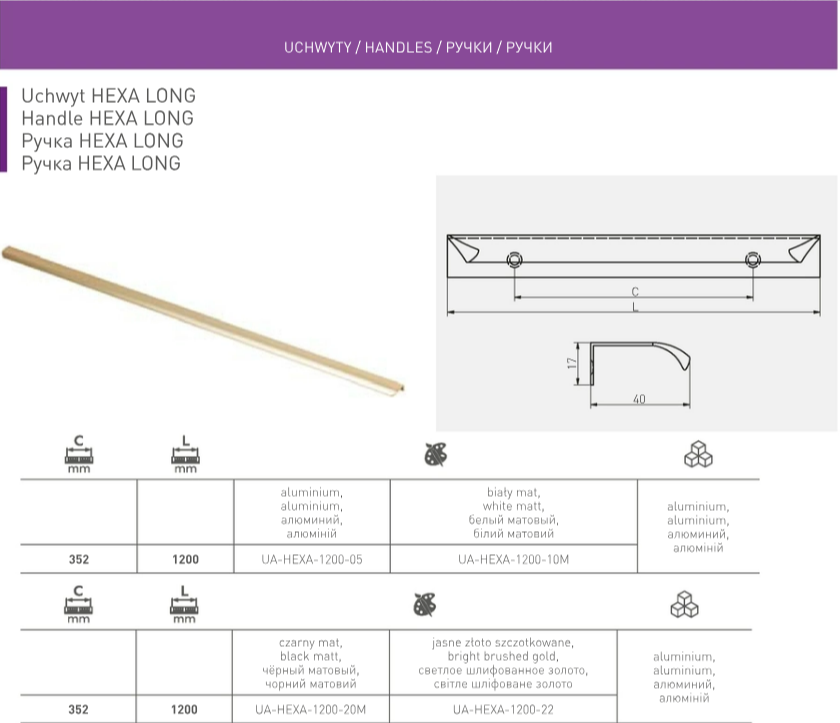 UA-HEXA-1200-10M Miner HEXA LONG, 1200 mm, alb mat
